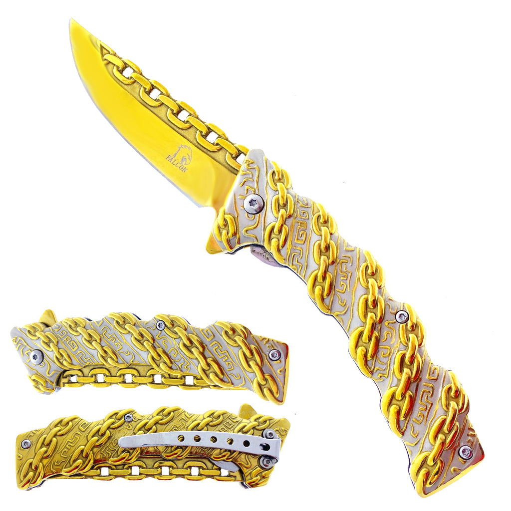 SG KS3602GD 8 Inch Chain Design Folding Knife Gold M M Merchandisers SG KS3602GD 8 Inch Chain Design Folding Knife Gold M M Merchandisers